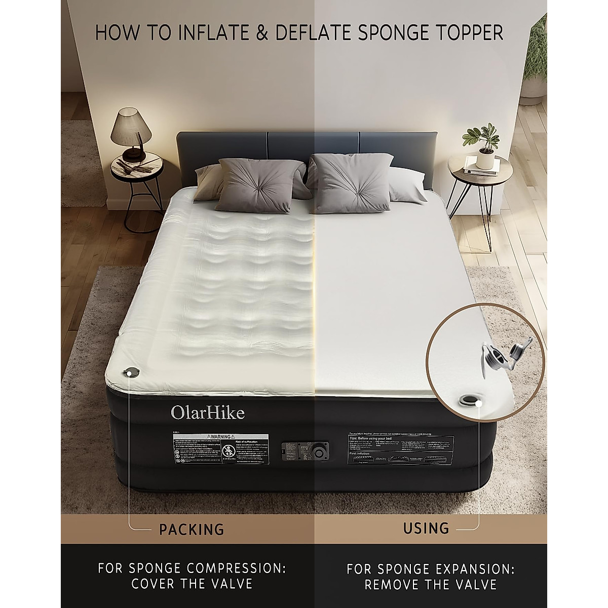 OlarHike Signature Collection Queen Air Mattress with Built in Pump,18” Luxury Air Mattress with Silk Foam Topper for Camping, Home & Guests, Fast & Easy Inflation/Deflation Airbed Black