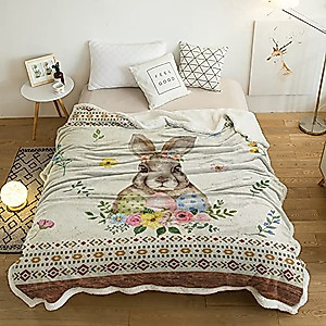 Fantasy Staring Easter Bunny Sherpa Fleece Throw Blanket - Farmhouse Easter Eggs Rabbit Spring Flower Fluffy Super Soft Microfiber Blanket Fuzzy Blanket for Couch Bed Sofa 50 x 80 Inches
