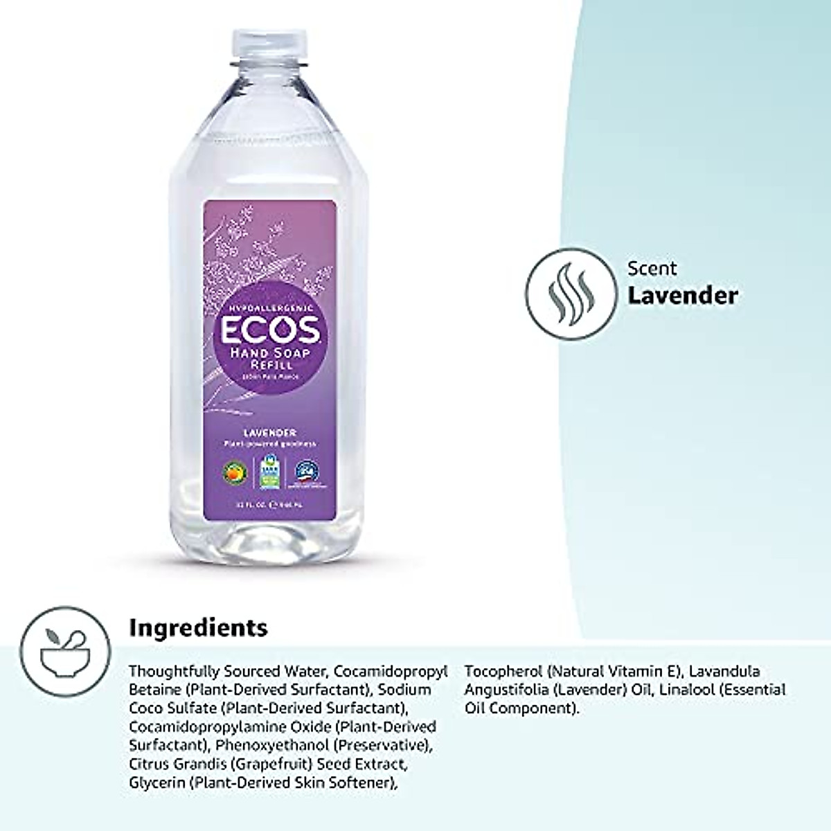 ECOS Hand Soap, Hypoallergenic Lavender, 32oz Refill by Earth Friendly Products