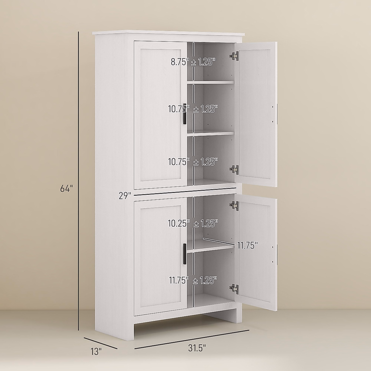 HOMCOM 64" Kitchen Pantry Cabinet, Freestanding Storage Cabinet with 4 Doors and 3 Adjustable Shelves for Dining Room, White