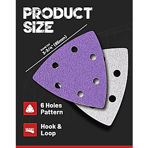 EZARC 60 PCS Zirconia Triangle Sanding Pads, 3-3/4 Inch Hook & Loop 60/80/120/180/ 240/320 Grit Multitool Sandpaper, Fits 3-1/2" and 3-3/4" Oscillating Tool Sanding Pad for Polish Sanding