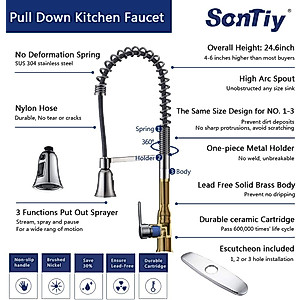 Kitchen Faucet with Soap Dispenser, 24.6" Commercial High Arc Tall Modern Single Handle Spring Kitchen Sink Faucet with Pull Down Sprayer, Modern Rv Kitchen Faucets with Deck Plate, Brush Nickel
