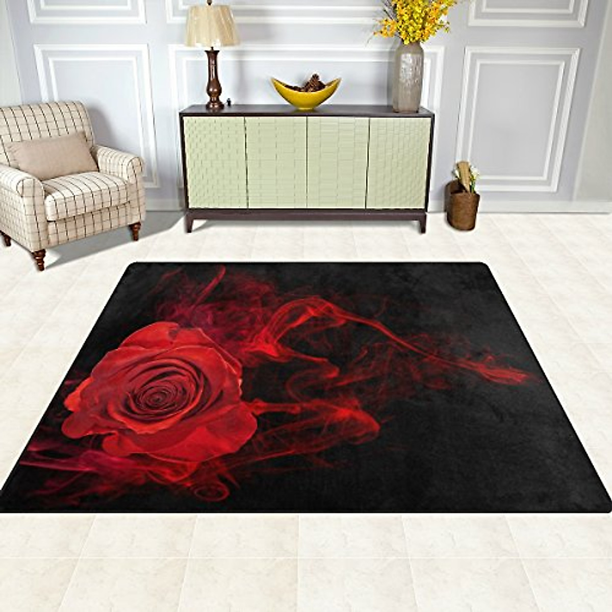 Rose in Smoke Swirl On Black Printed Large Area Rugs,Lightweight Water-Repellent Floor Carpet for Living Room Bedroom Home Deck Patio,6'8" x 4'10"