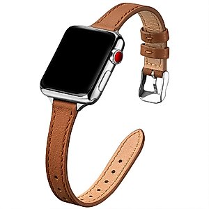 STIROLL Slim Leather Bands Compatible with Apple Watch Band 38mm 40mm 41mm 42mm(Series 10), Top Grain Leather Watch Thin Wristband for iWatch Ultra SE Series 10/9/8/7/6/5/4/3/2/1(Brown with Silver)