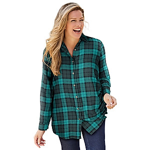 Woman Within Women's Plus Size Classic Flannel Shirt - 3X, Vivid Red Buffalo Plaid