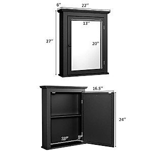 HOMGX Bathroom Mirror Cabinet, Wall Mounted Cabinet with Mirror Door, Adjustable Shef, Round Knob, Space Saving Wood Medicine Cabinet for Kitchen (Black)