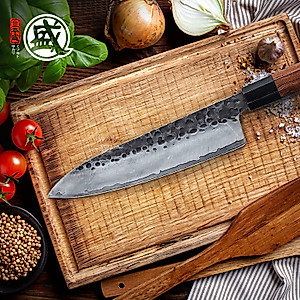 MITSUMOTO SAKARI 8 inch Japanese Gyuto Chef Knife, Professional Hand Forged Kitchen Chef Knife, 3 Layers 9CR18MOV High Carbon Meat Sushi Knife (Rosewood Handle & Gift Box)
