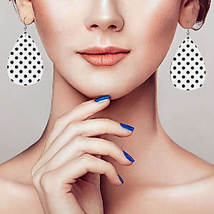 Faux Leather Earrings Black White Polka Dot Teardrop Dangle Earrings For Women