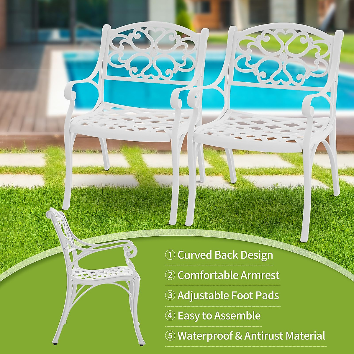 PATIO-IN Outdoor Patio Chairs Set of 2 Metal Patio Bistro Dining Chairs with Armrests,Cast Aluminum Patio Furniture Bistro Chairs for Porch,Poolside,White