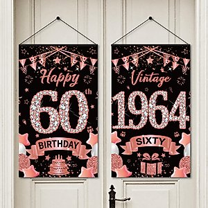 2Pcs 60th Birthday Decorations Door Banner Sign for Women, Vintage 1964 Happy 60 Birthday Door Hanging Party Supplies, Rose Gold and Black Sixty Year Old Bday Wall Hanger Decor
