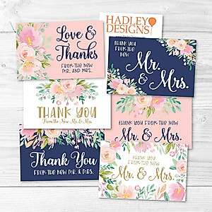 24 Navy Floral Wedding Thank You Cards With Envelopes Wedding Thank You From The New Mr And Mrs Cards - Mr And Mrs Thank You Cards Wedding With Envelopes, Bride Thank You Wedding Cards With Envelopes