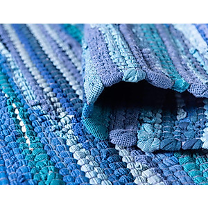 Unique Loom Chindi Cotton Collection Soft Hand Woven Natural Fiber Striped Area Rug, 2 ft 2 in x 3 ft, Navy Blue/Ivory