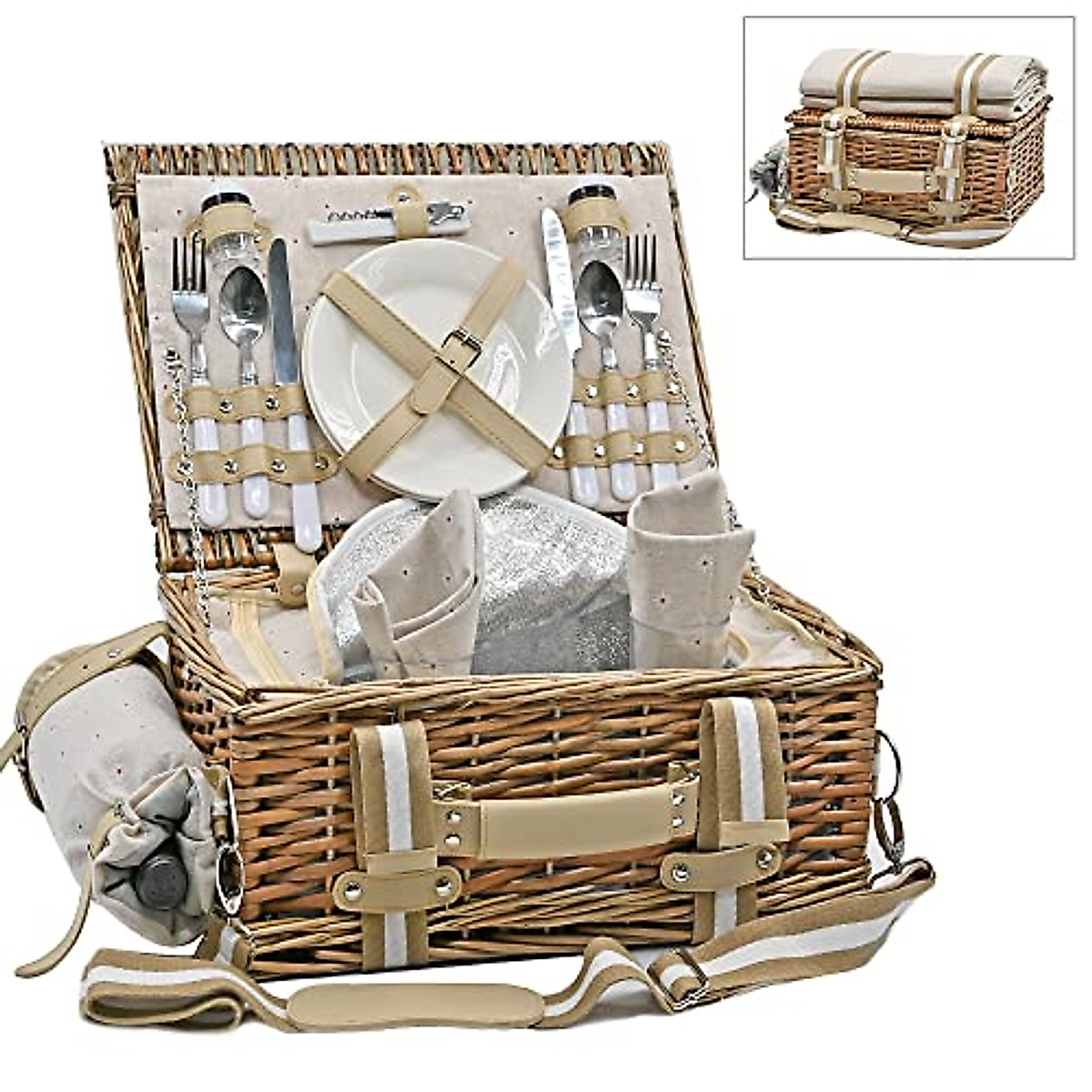 19Pcs Picnic Basket for 2 with Insulated Liner and Waterproof Picnic Blanket Wine Pouch, Large Wicker Picnic Hamper for Camping,Outdoor,Valentine Day,Thanks Giving,Birthday Christmas for Couples
