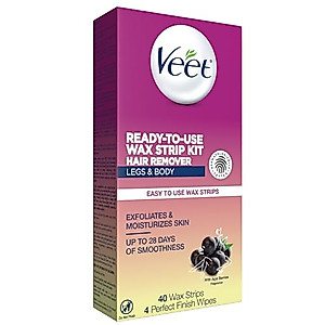 Veet Ready-To-Use Waxing Kit For Women | Wax Strips For Body Hair Removal, Wax Kit For Ingrown Hair Treatment, Personal Care Product, Hair Remover | 40ct Waxing Strips, 4ct Body Wipes