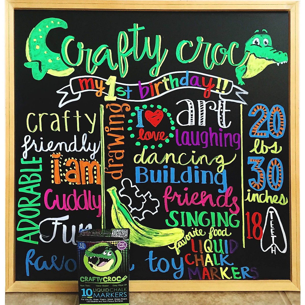 Crafty Croc Liquid Chalk Markers, 10 Pack of Neon Chalk Pens, for Nonporous Chalkboards, Bistro Boards, Glass and Windows