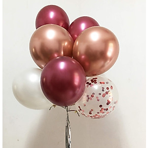 Chrome Rose Gold Burgundy Balloons - 50Pieces White Metallic Rose-Gold Dark Red Balloons for Birthday Women Wedding Bridal Shower Anniversary Party Decorations