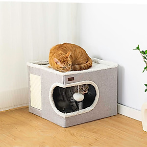 Garnpet Cat Bed for Indoor Cats Cube House, Covered Cat Cave Beds & Furniture with Scratch Pad and Hideaway Tent, Cute Modern Cat Condo for Multi Small Pet Large Kitten Kitty, Grey