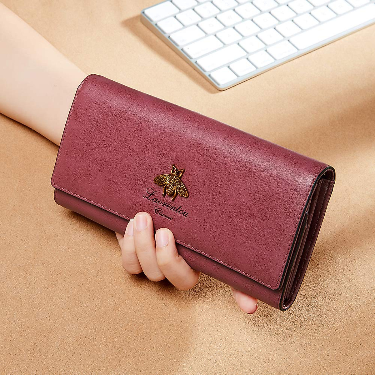 LAORENTOU Clearance Bifold Wallet Women Leather Clutch Purses Checkbook Card Wallets for Women Lady Wallet Zip Around Wallet