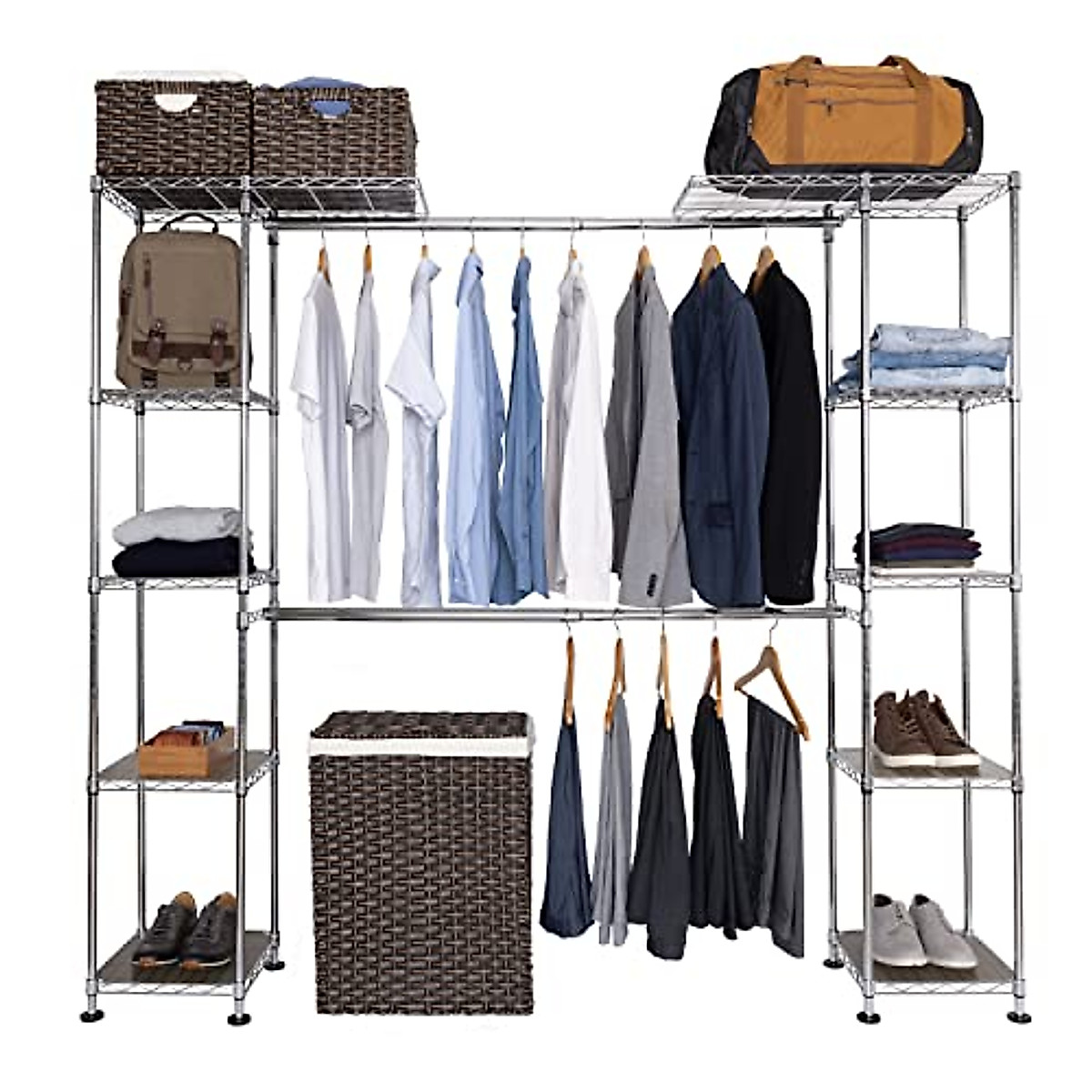 Seville Classics Closet Garment Organizer with Metal Hanging Rod Wardrobe Storage System w/Steel Shelves for Clothes, Shirts, Jackets, Coats, Blankets, Shoes, 58" to 83" W x 14" D x 72"