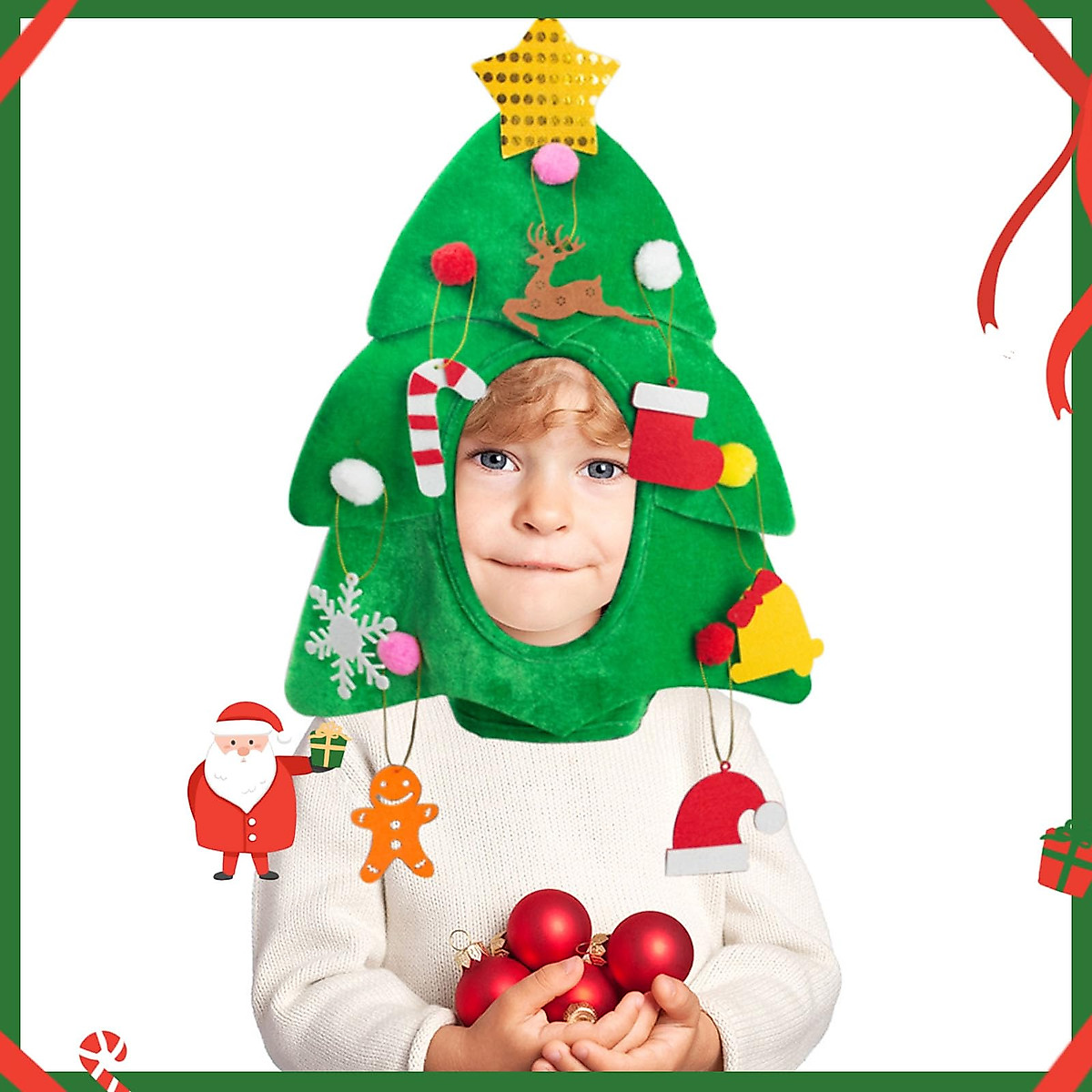 DomeStar Christmas Tree Hat with 7PCS Ornaments, Funny Christmas Hat, Novelty Santa Hat Crazy Hats Christmas Party Hat Dress Up Celebrations