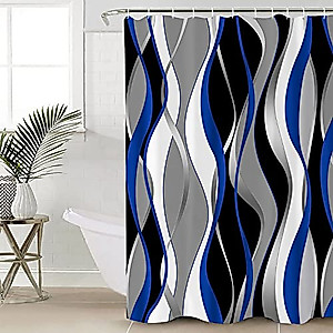 4 Pieces Blue Black Bathroom Set Grey and White Striped 72x72 inch Waterproof Lines Shower Curtain Set with Non-Slip Soft Geometric Rugs for Bathroom,Abstract Art Bath Mat and Toilet Lid Cover