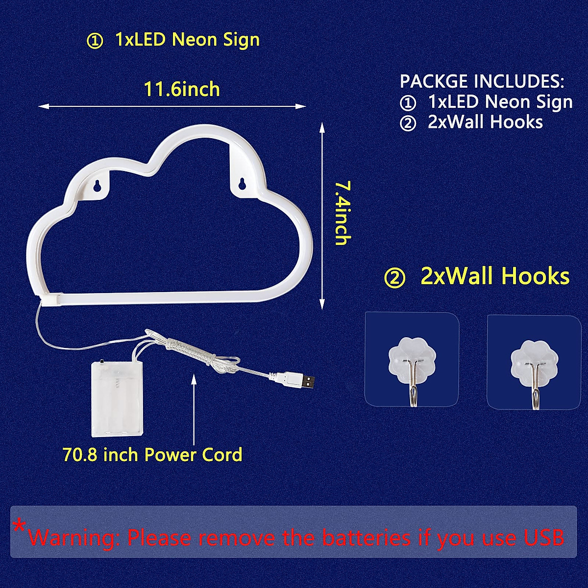 Cloud Neon Signs, LED Light for Wall Decor, Battery or USB Powered Sign Shaped Decoration Lights Bedroom Aesthetic Teen Girl Kid Room Christmas Birthday Wedding Party White