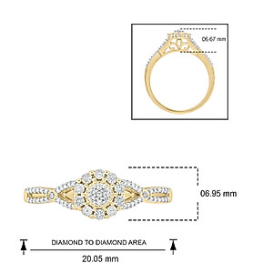 Cali Trove, 1/20cttw Diamond Cluster Promise Ring for Women in 925 Sterling Silver, Women's Diamond Floral Engagement Ring with Round White Diamond Halo in Yellow Gold-Plated, Rose Gold-Plated or