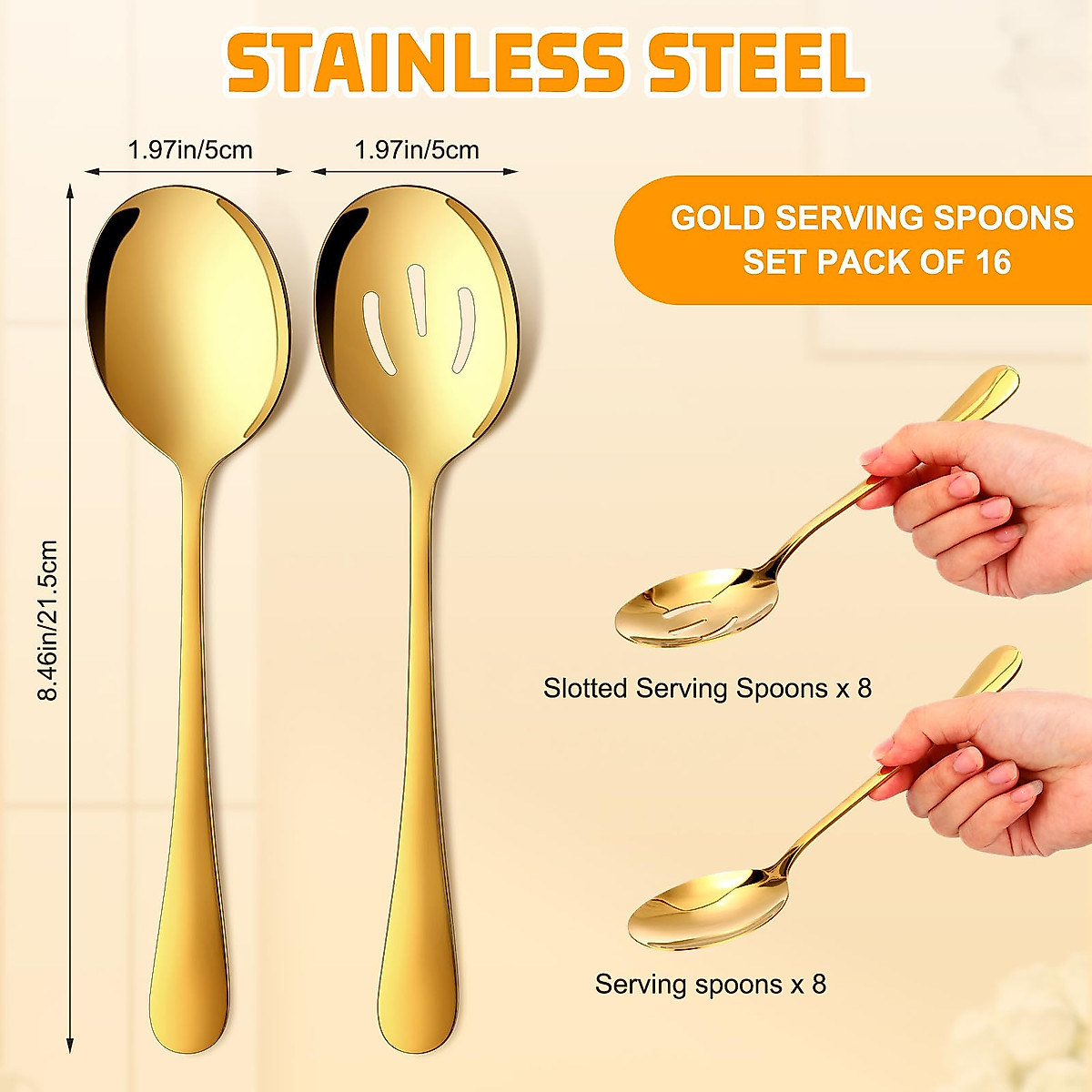 Tioncy 16 Pcs Gold Serving Spoon Set Stainless Steel Cutlery Utensils Includes Large Metal Slotted Spoons for Christmas Buffet Party Banquet Cooking Kitchen, Approx. 8.5 x 2 Inches