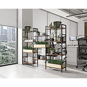 Boloni Triple Bookshelf, Bookcase with 11 Open Platforms, Large Etagere Wood Bookcase with Metal Frame for Living Room, Bedroom, Brown