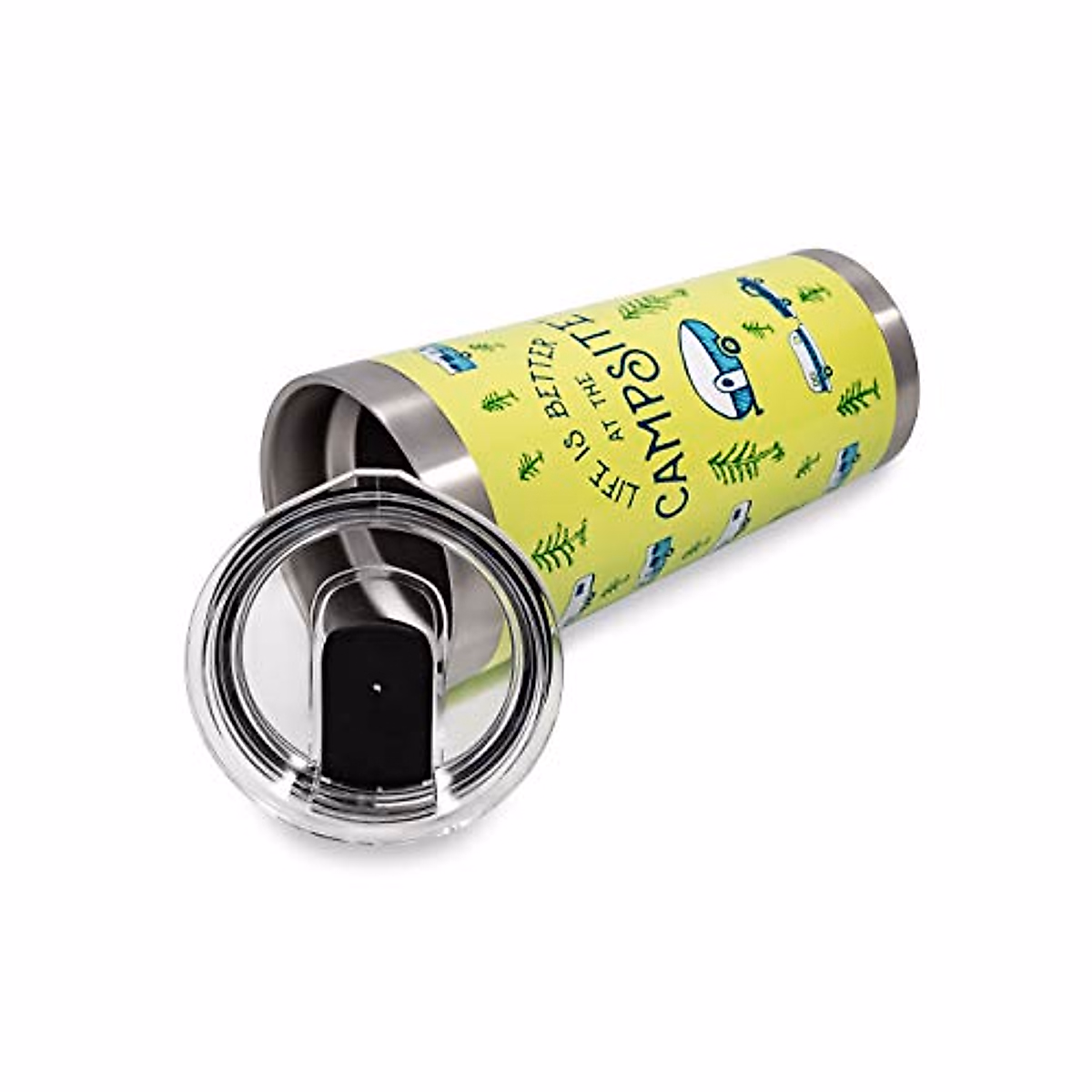 Camco Life is Better at The Campsite 20 oz. Printed Tumbler - Offers Superior Ice and Heat Retention - Features an RV Sketch Pattern on a Green Background (53321)