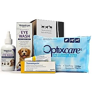 Terramycin eye ointment for cats, dogs & horses 1/8oz with Vetericyn Plus Eye Wash 3oz and OptixCare 50ct Eye Wipes Tear Stain Remover - Eye drops for infection Complete Ophthalmic Master Set