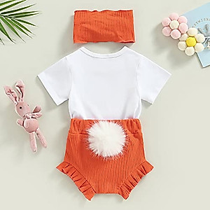 FIOMVA 3Pcs Easter Outfit Baby Girl Short Sleeve Hunny Bunny Romper Bodysuit Rabbit Shorts Headband My 1st Easter Clothes with tail