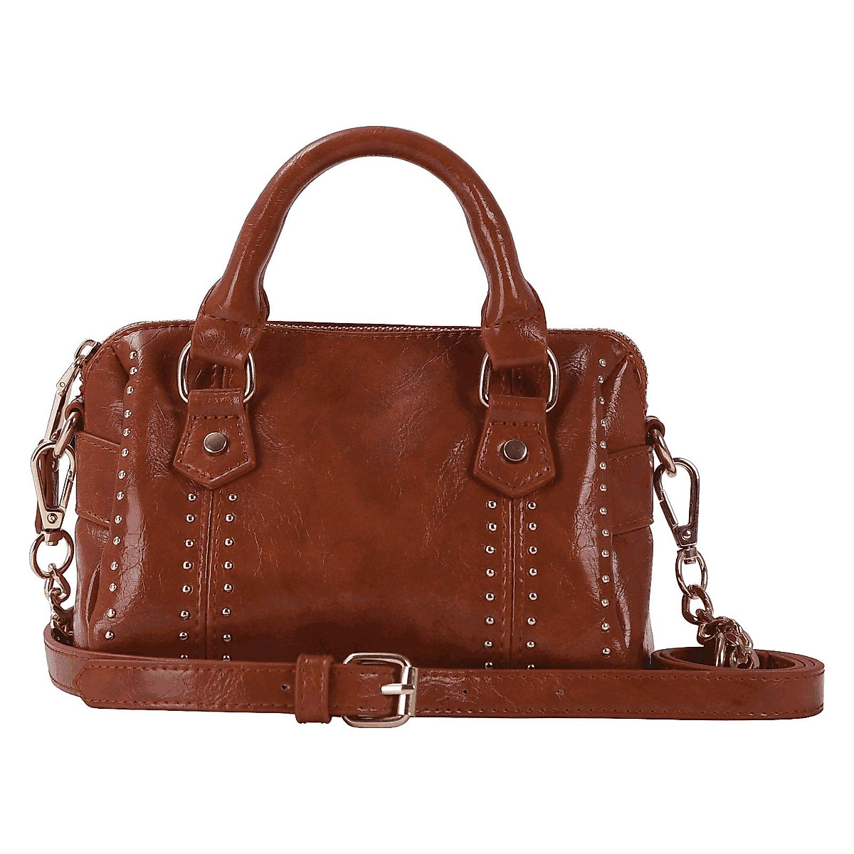 LUCSIS Women's rivets studded crossbody bag purse handbag small light weight cute mini bag PU leather Brown(Camel)