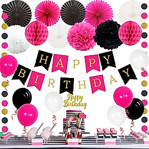 Birthday Decorations for Women Hot Pink and Black White Happy Birthday Bunting Banner Tissue pom Poms Paper Fans Circle Dots for Girls Birthday Party Supplies
