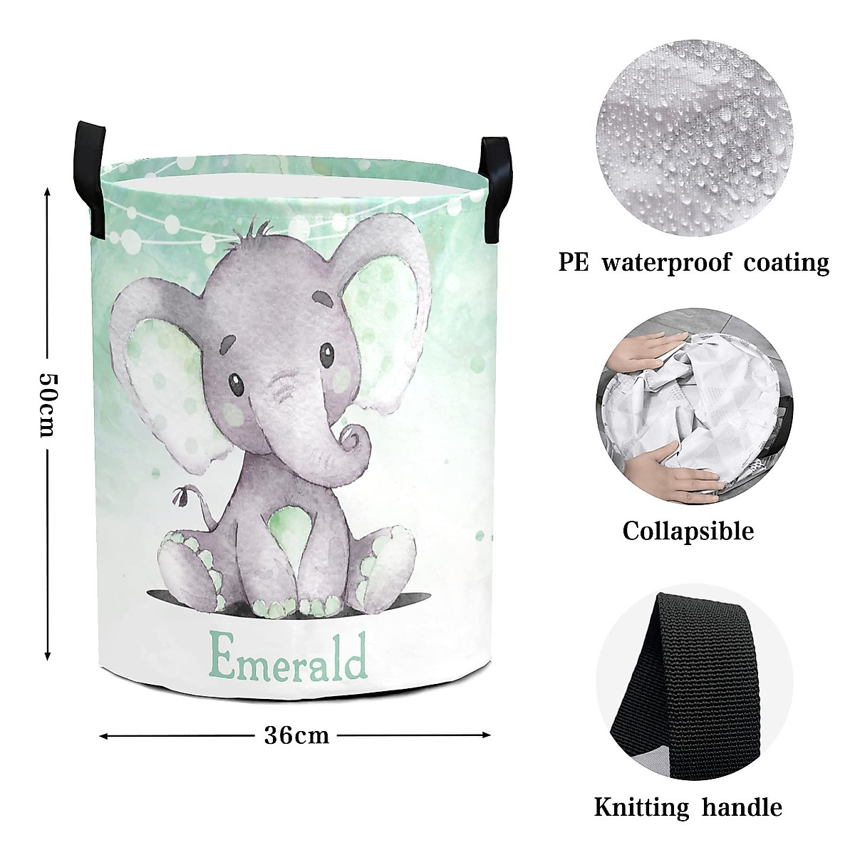 Custom Watercolor Cute Elephant Laundry Basket Handles Collapsible Hamper Foldable Storage Bin Living Room Office Bathroom Bedroom