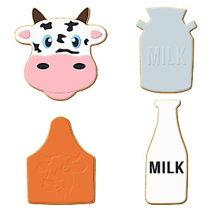 Dairy Farm Cow Cookie Cutter 4 Pc Set – Cow Face, Milk Bottle, Ear Tag, Milk Jug Cookie Cutters and Cookie Recipe Card Hand Made in the USA from Tin Plated Steel