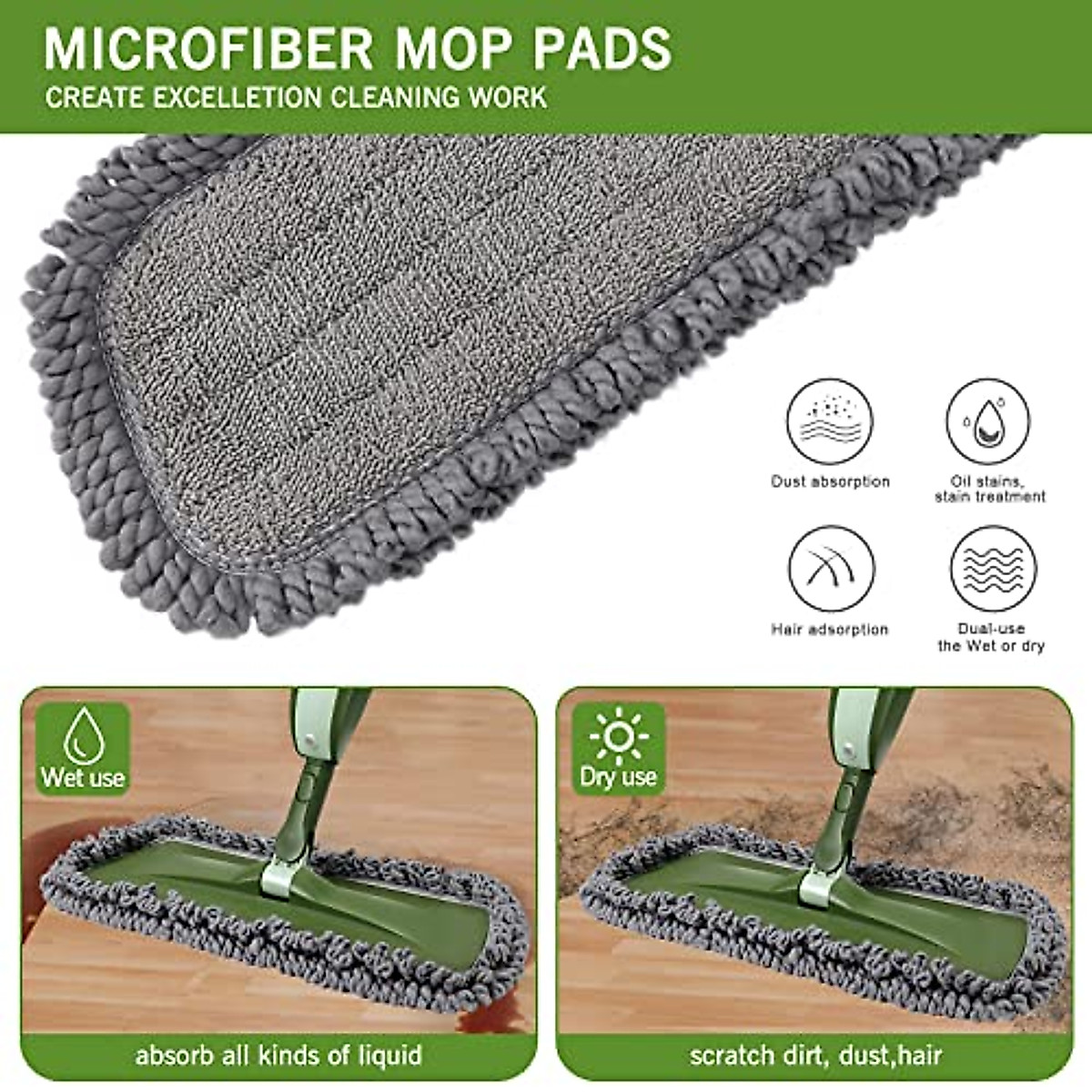 Microfiber Spray Mop for Floor Cleaning, Microfiber Wet Spray Mop with 550ML Water Bottle and 5 Pcs Reusable Pads, Dry Wet Kitchen Mop for Hardwood Laminate Tile Ceramic Surface, 1 Free Scaper