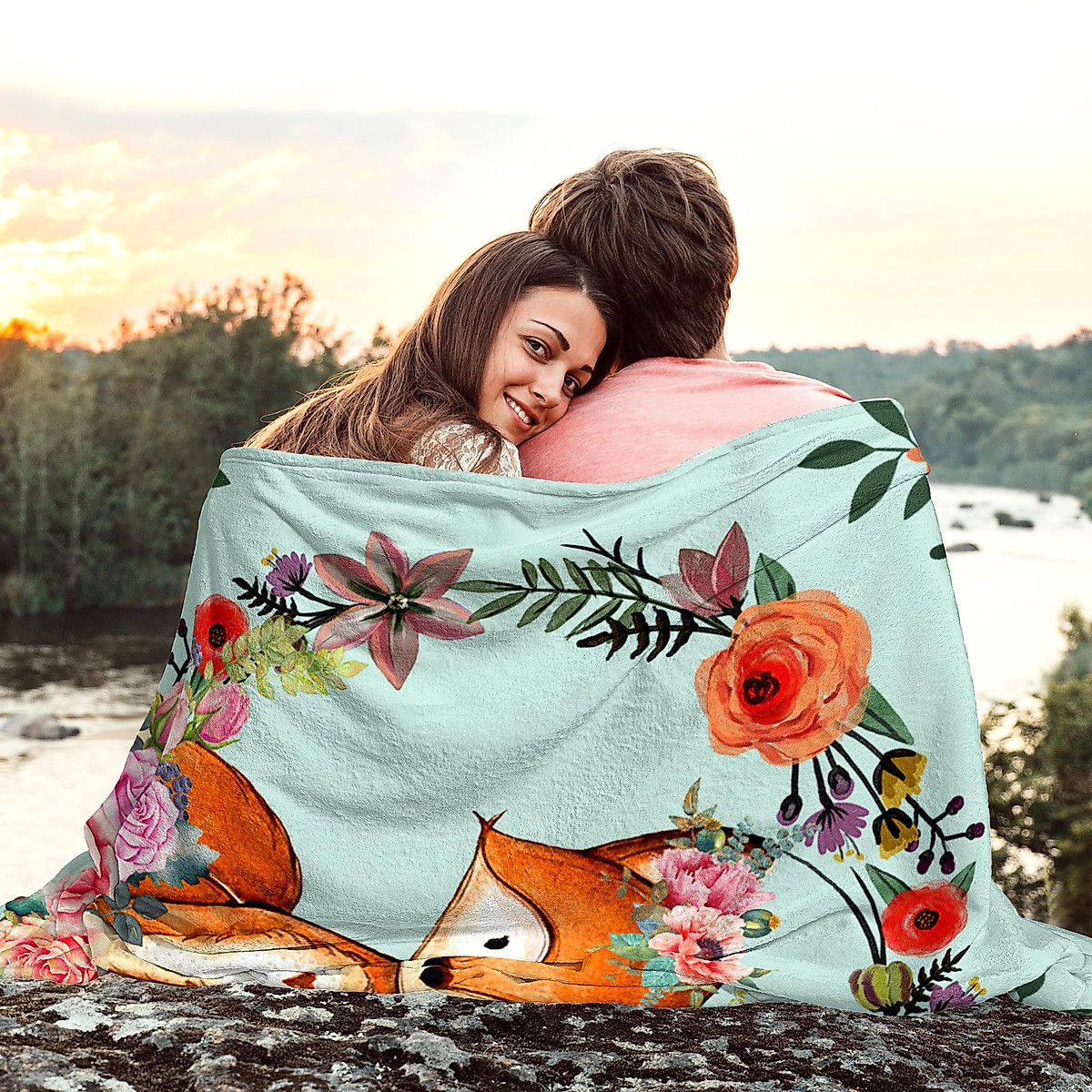 Fox Blanket Flower Fox Print Throw Blanket Super Soft Flannel Blankets Gifts for Kids Adults 60"x50"