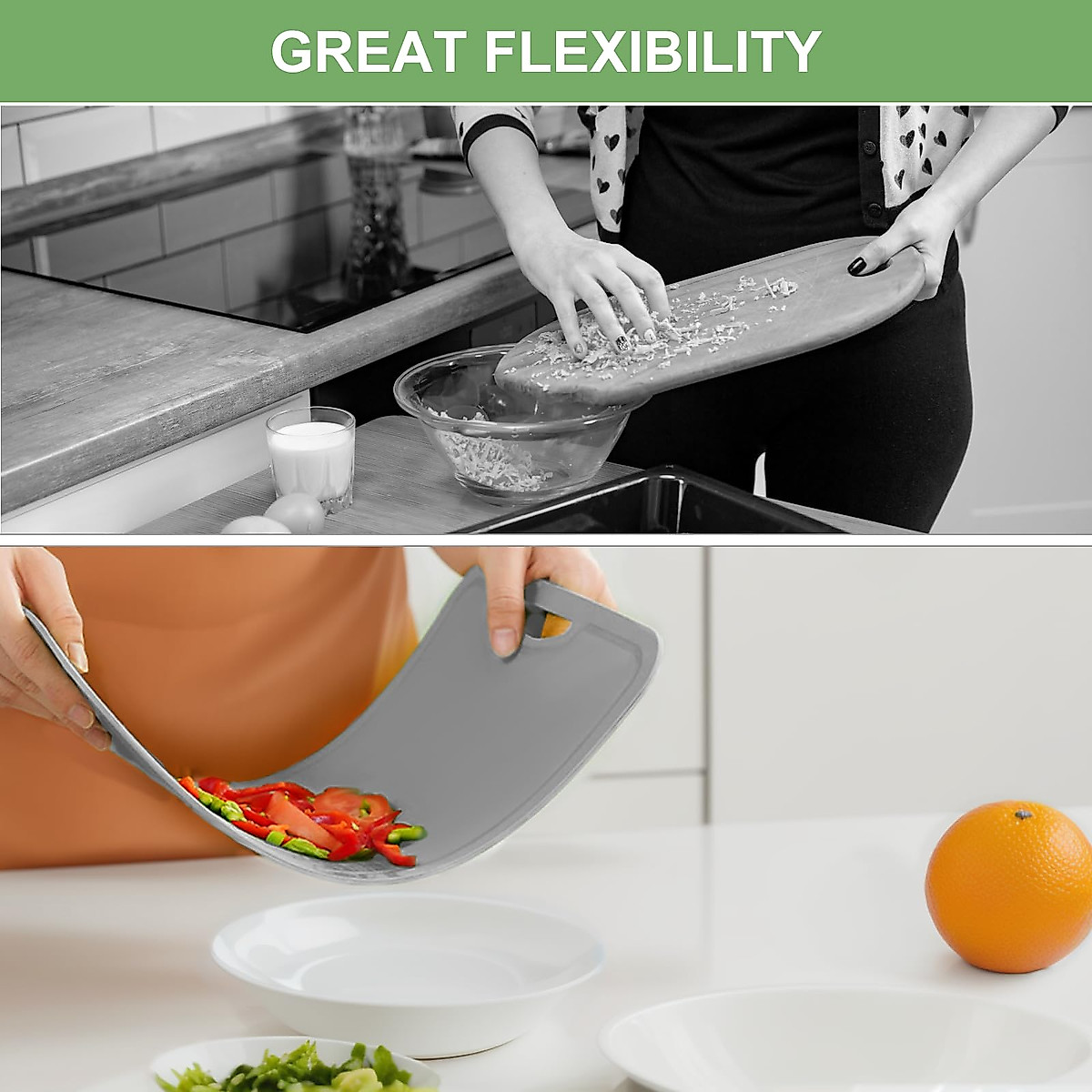 Gintan Flexible TPU Cutting Board with Knife and Juice Groove, BPA Free Flexible Chopping Boards for Kitchen Dishwasher Safe Easy Grip Handle（Grey）