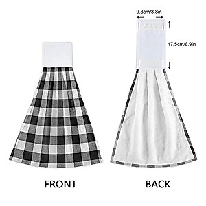 xigua Black and White Buffalo Plaid Hanging Kitchen Hand Towels Set of 2, Absorbent Soft Dish Towel with Loop Coral Fleece Dish Cloth Tie Towels for Bathroom Kitchen Home Decor
