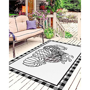 Outdoor Rug 4' x 6', Fall Thanksgiving Large Area Rugs for Patio/RV/Deck/Porch/Indoors, Black and White Checkered Pumpkin Water Absorption Camping Rug Carpet, Lightweight Washable Rug Runners