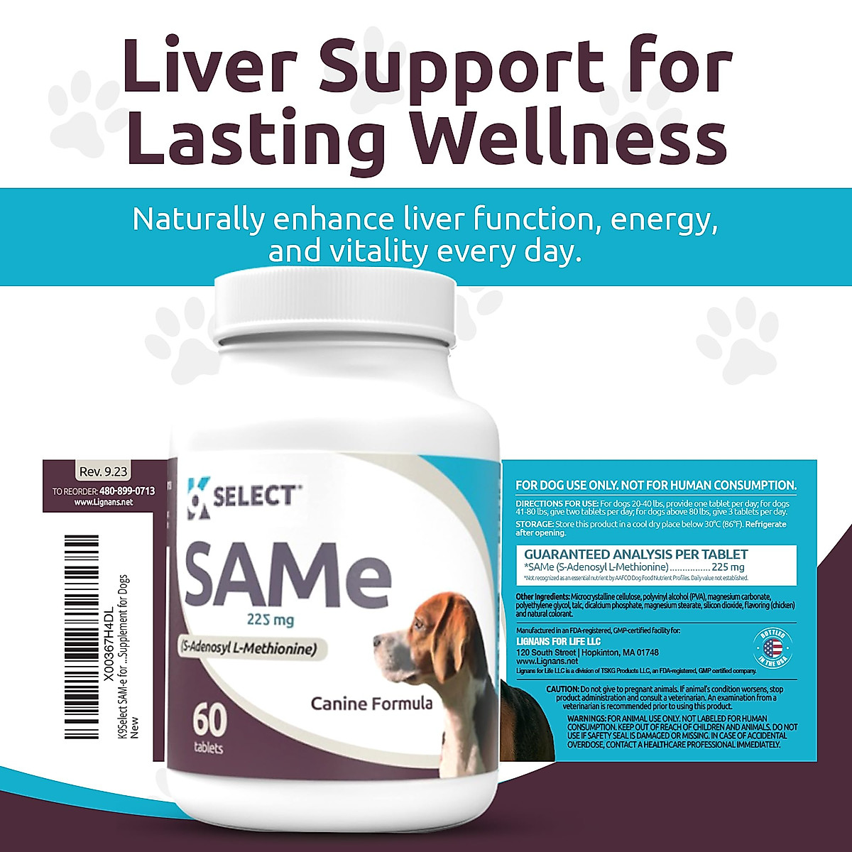 K9 Select SAM-e for Dogs: 225mg, 60 Tablets Active S-Adenosyl-L-Methionine Liver Supplement - Cognitive and Joint Health Nutrition for Medium and Large Dogs - Same Dog Liver Nutritional Supplement
