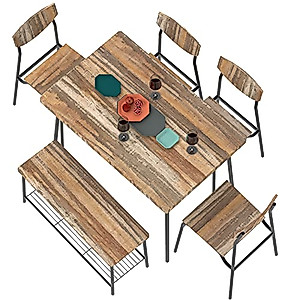 STHOUYN 6 Piece Dining Table Set, Kitchen Table and Chairs for 6, Dining Room Dinner Table Set w/Storage Rack for Home, Apt, 4 Chairs, Bench, Small Space (Retro Brown (6 Piece))