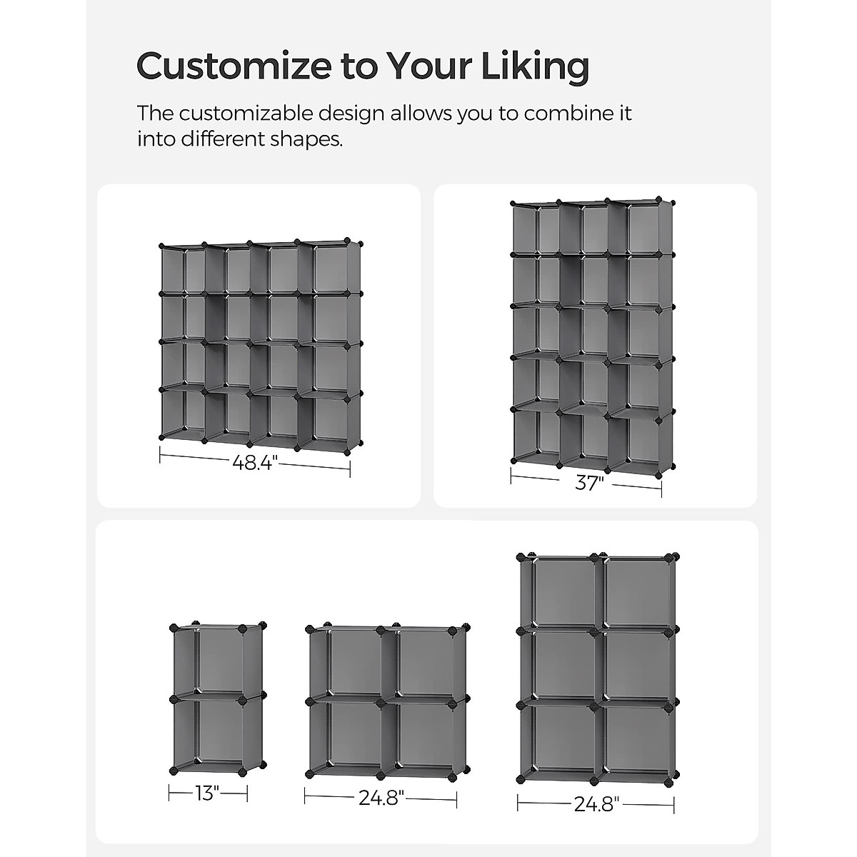 SONGMICS Cube Storage Organizer, Set of 16 Plastic Cubes, Book Shelf, Closet Organizers and Storage, Room Organization, Bedroom Living Room, 12.2 x 48.4 x 48.4 Inches, Gray ULPC442G01