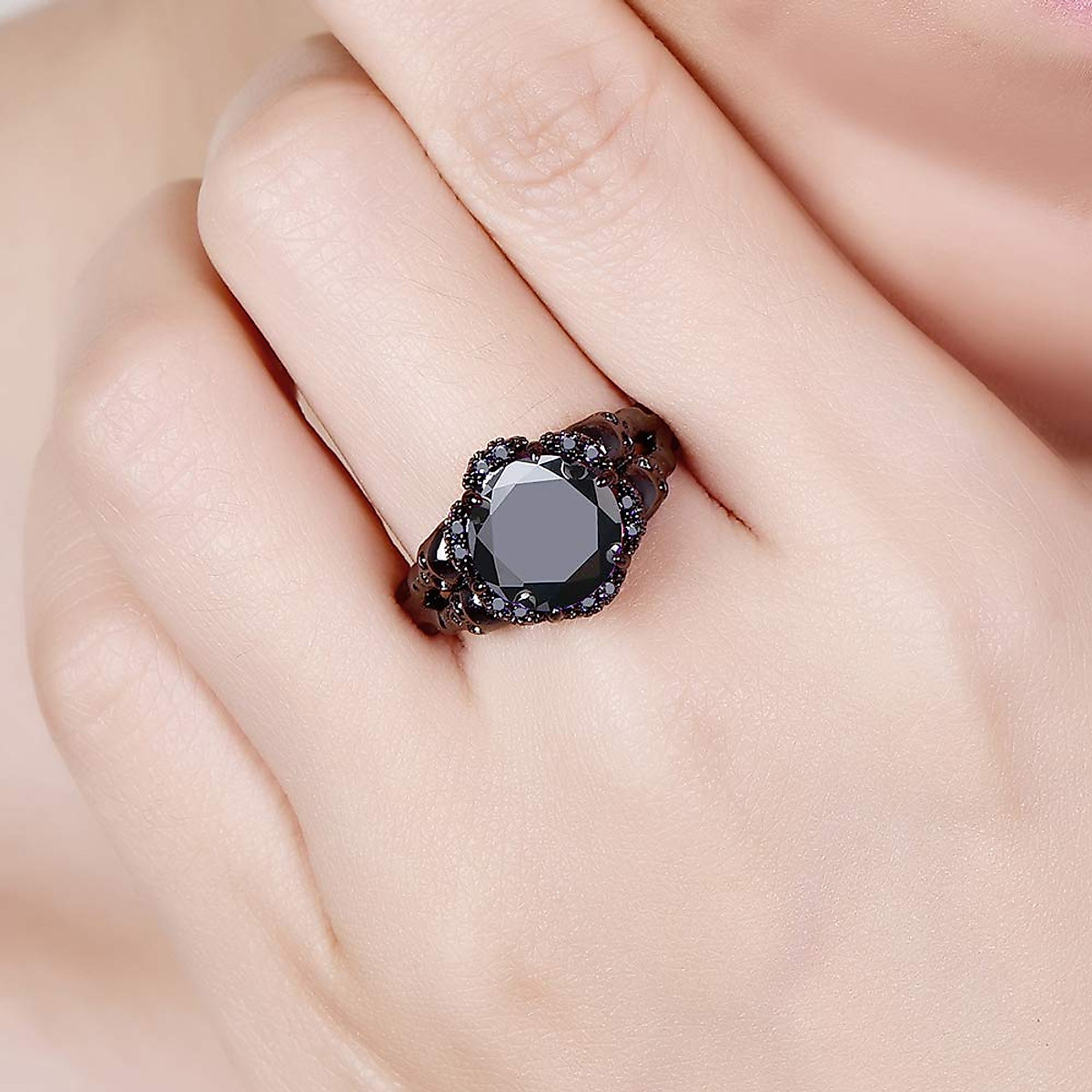Narica Black Gold Plated Antique Gothic Skull Bone Ring Retro Oxidized Finished Round Cut Created Black Spinel CZ Cubic Zirconia Filled Engagement Promise Wedding Women's Vintage Band for Mom Lover 9#