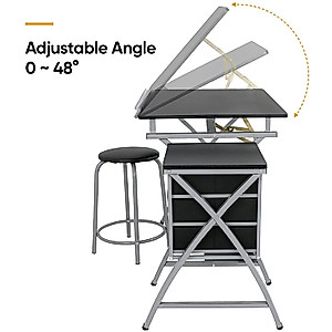 JupiterForce Drafting Table with Tiltable Tabletop and Stool, 3 Storage Drawers, Art Desks for Adults, Painters, Work Station, Home Office, Black