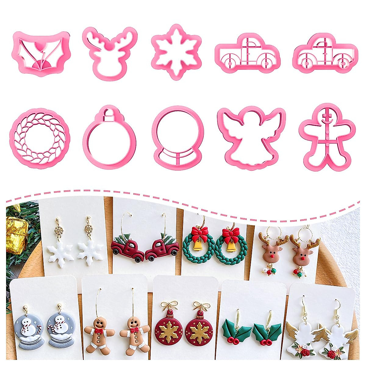 Keoker Christmas Clay Cutters, Christmas Polymer Clay Cutters for Earrings Making, 10 Shapes Christmas Clay Earrings Cutters, Reindeer Clay Cutters (Earrings Clay Cutters 1)