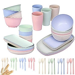 Eco Friendly，Wheat Straw Dinnerware Sets(60pcs)， Multicolor，Lightweight，Degradable ，Durable Dinner Plates Set:Bowls，Cups， Plates Set，Salad Bowls——Microwave and Dishwasher Safe
