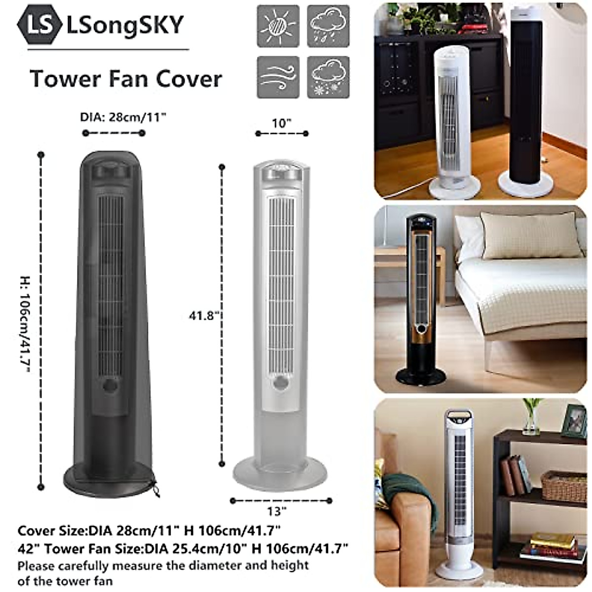 LSongSKY Tower Fan Cover, Waterproof And Dustproof Fan Cover, Suitable For Most Indoor Or Outdoor Portable Electric 42 "Oscillating Tower Fans, 10 x 10 x 42 inches,Black