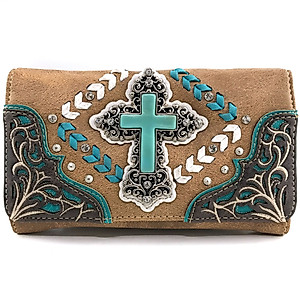 Justin West Trendy Western Cross Rhinestone Leather Conceal Carry Top Handle Square Backpack Purse (Tan Wallet Only)